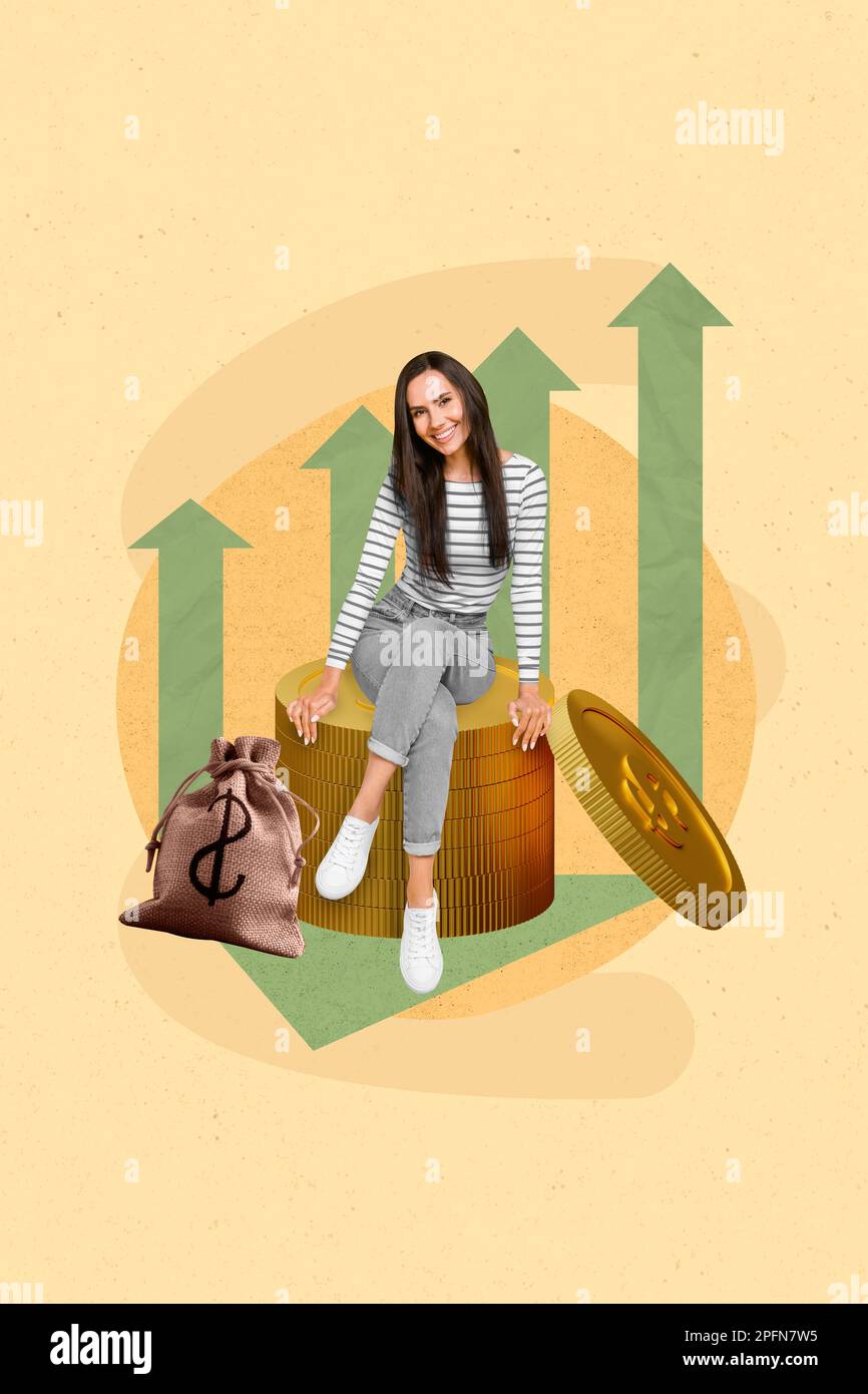 Vertical collage image of mini positive girl sit huge pile stack money ...
