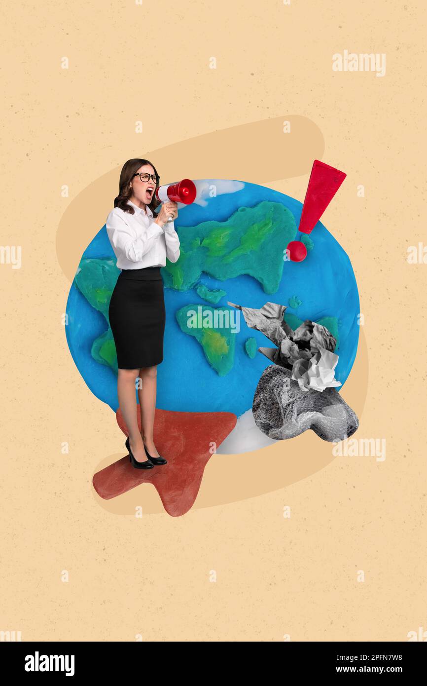 Creative collage artwork image of angry lady hold toa bullhorn shout ...