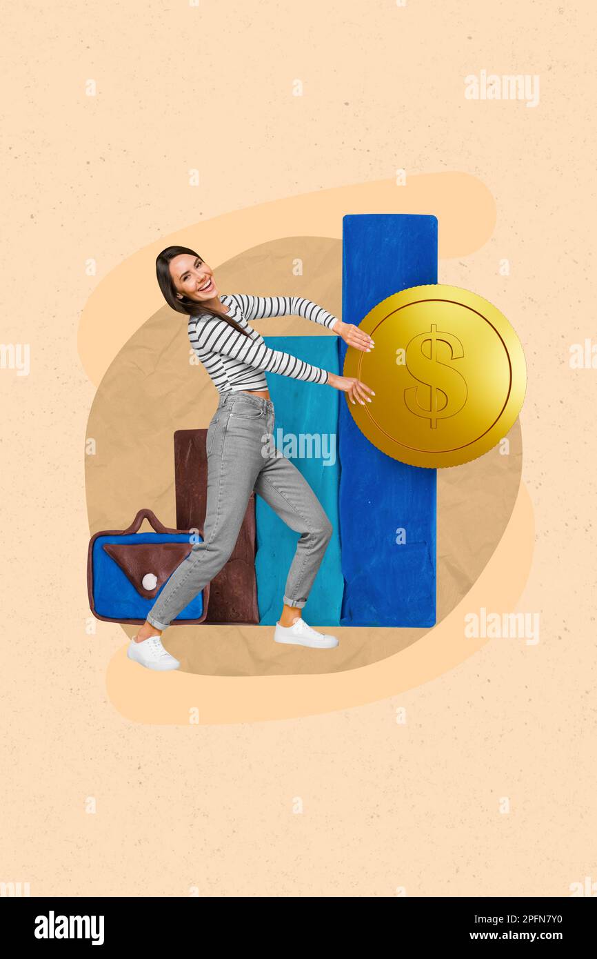 Vertical collage portrait of positive mini girl arms hold money coin ...