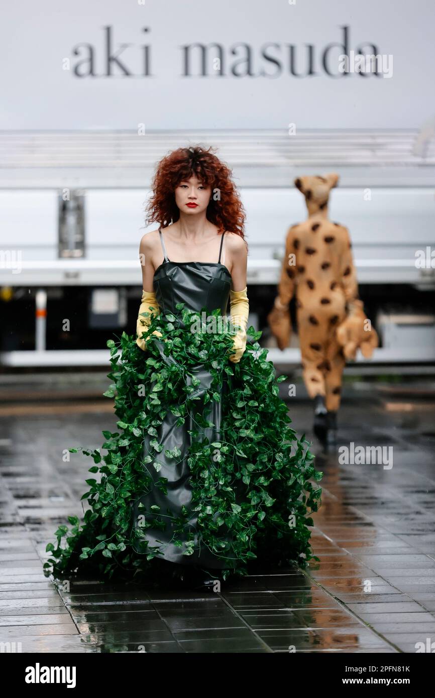 Tokyo, Japan. 18th Mar, 2023. A model wearing fashion brand aki masuda ...