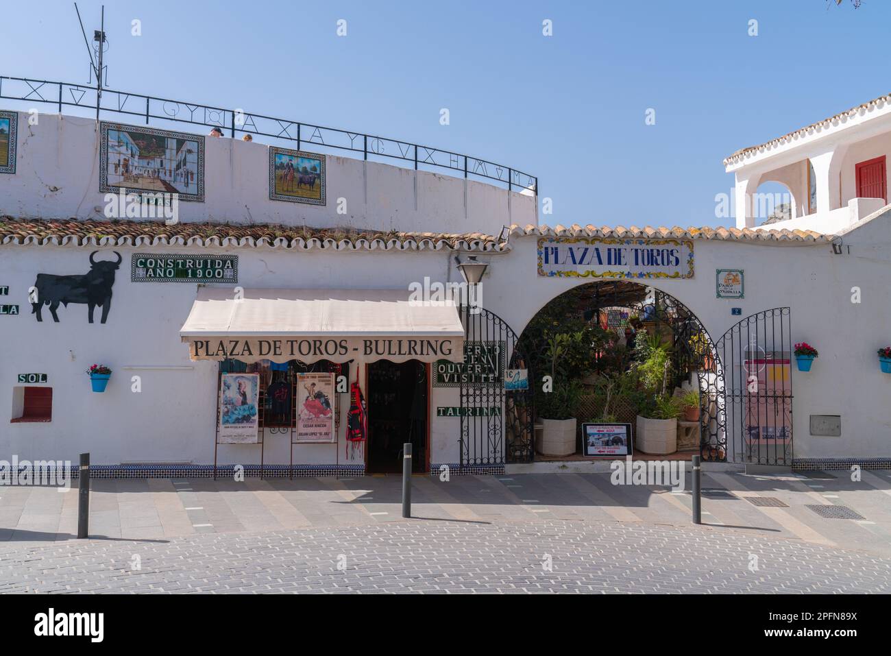 Mijas bullring entrance Plaza de Toros in Spanish village pueblo blanco ...