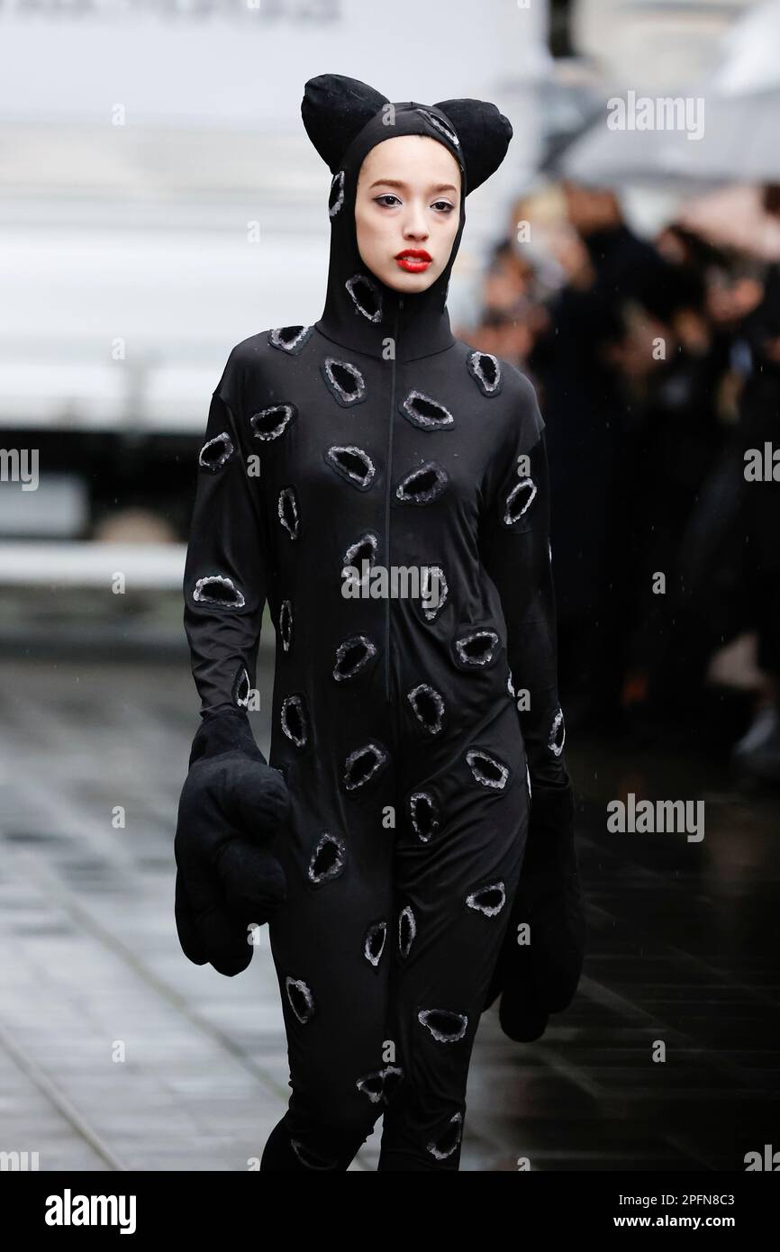 Tokyo, Japan. 18th Mar, 2023. A model wearing fashion brand aki masuda ...