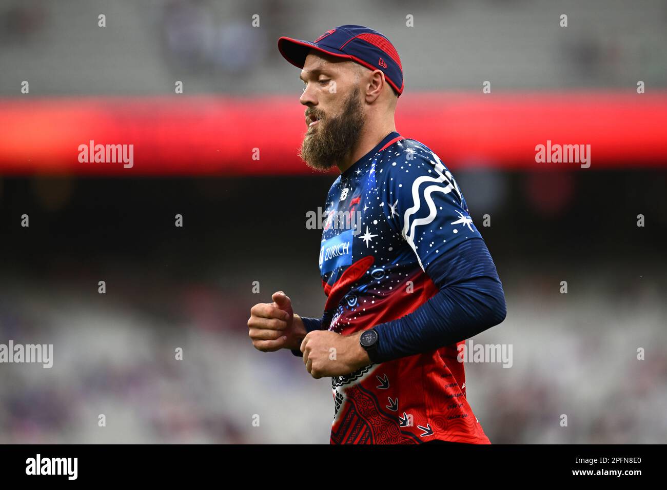 Max Gawn of Melbourne warms up during the AFL Round 1 match between the ...