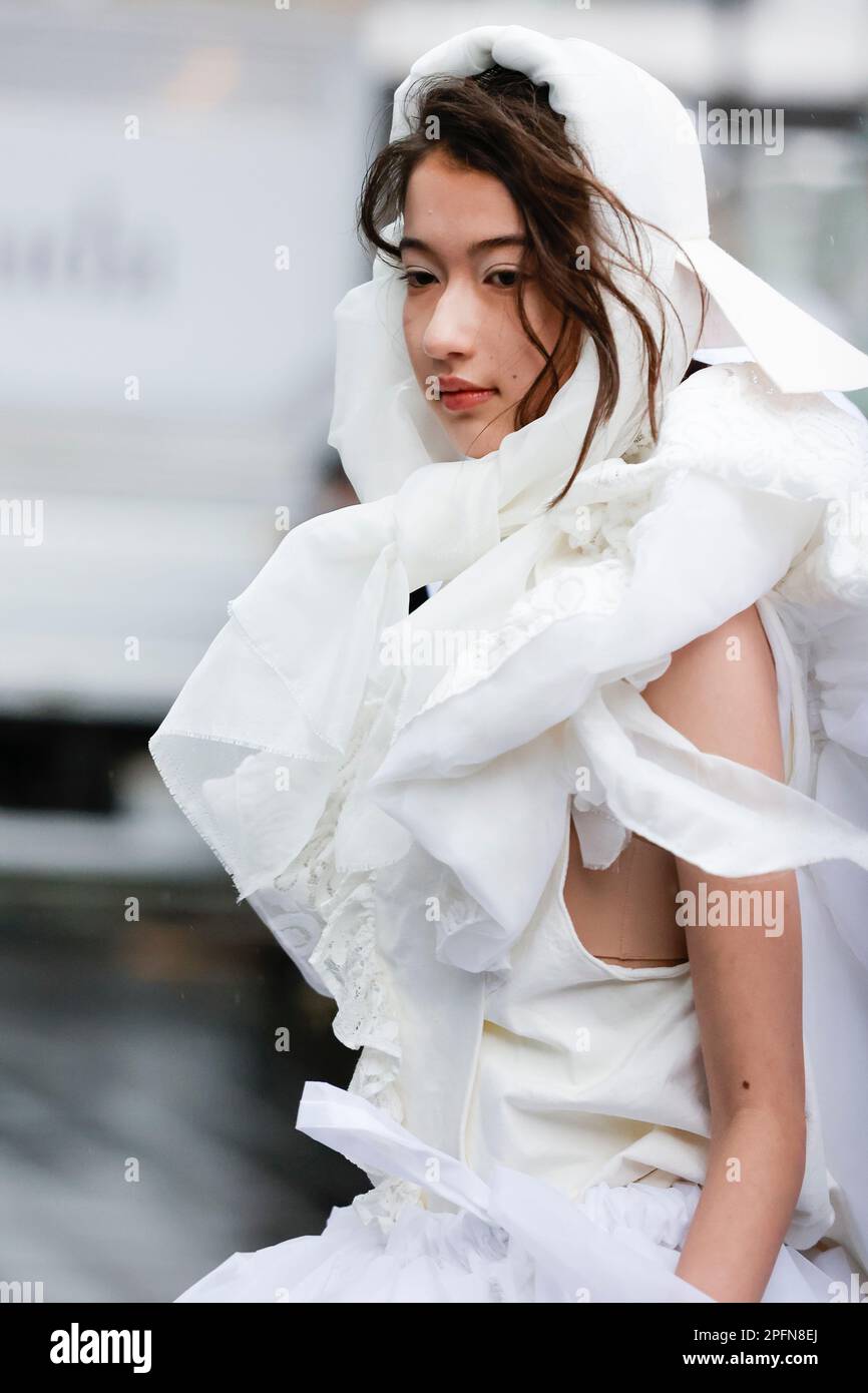 Tokyo, Japan. 18th Mar, 2023. A model wearing fashion brand aki masuda ...