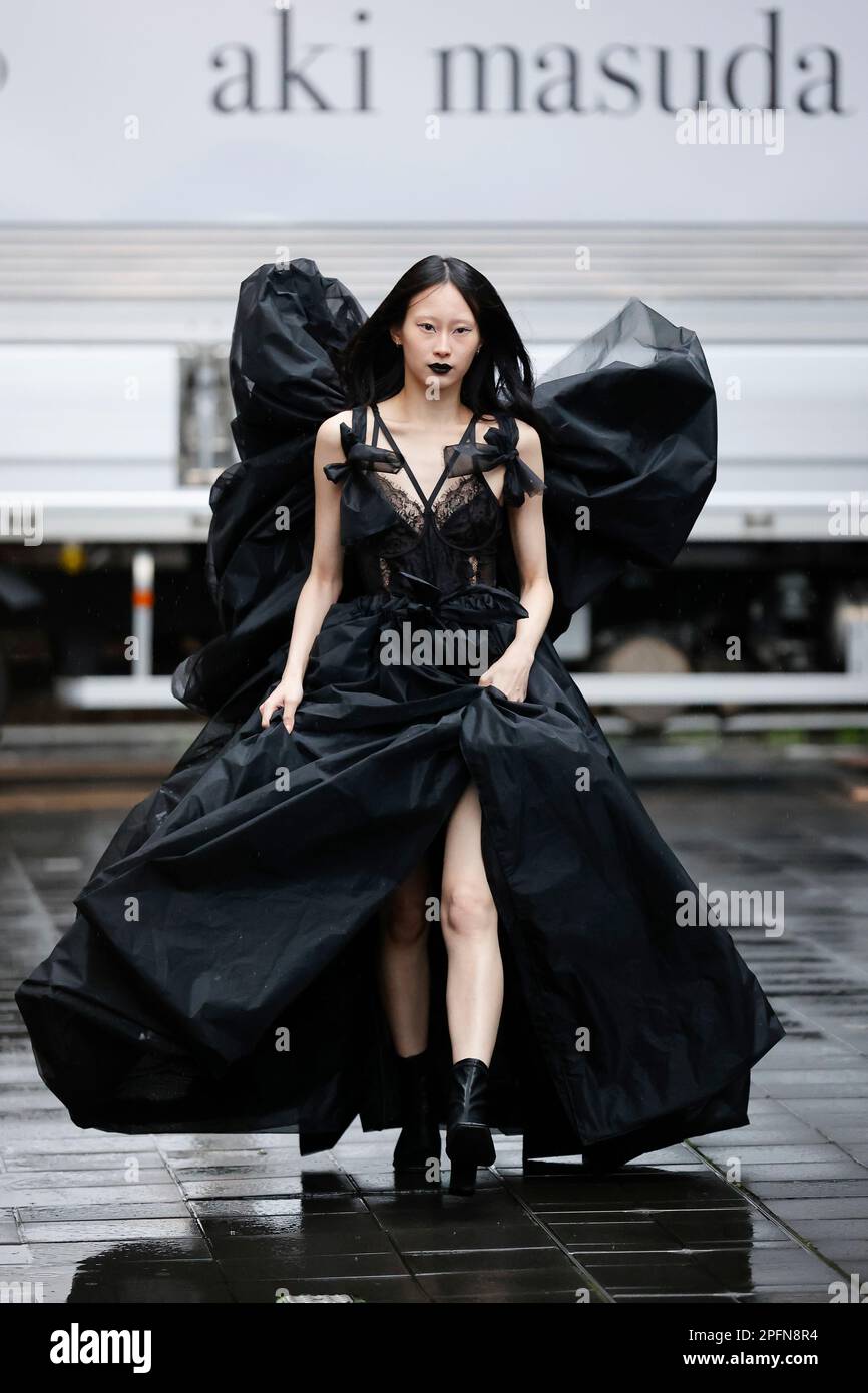 Tokyo, Japan. 18th Mar, 2023. A model wearing fashion brand aki masuda ...