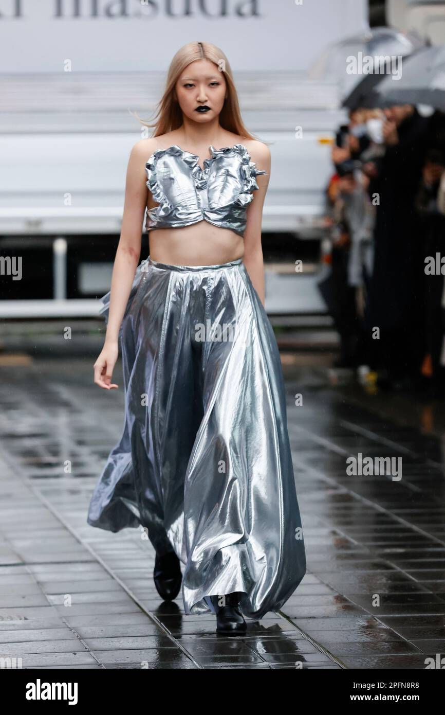 Tokyo, Japan. 18th Mar, 2023. A model wearing fashion brand aki masuda ...