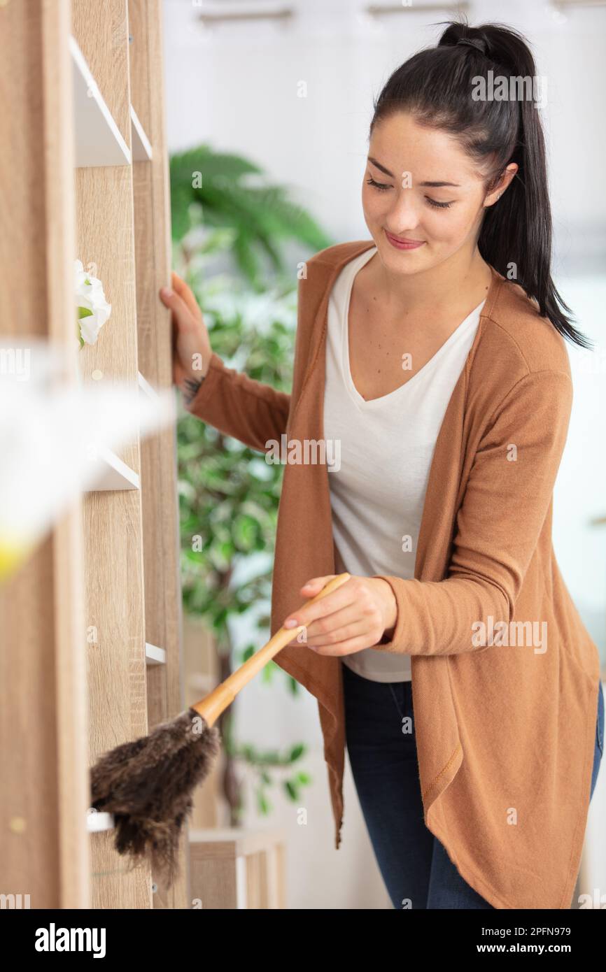 Woman feather duster cleaning hi-res stock photography and images - Alamy