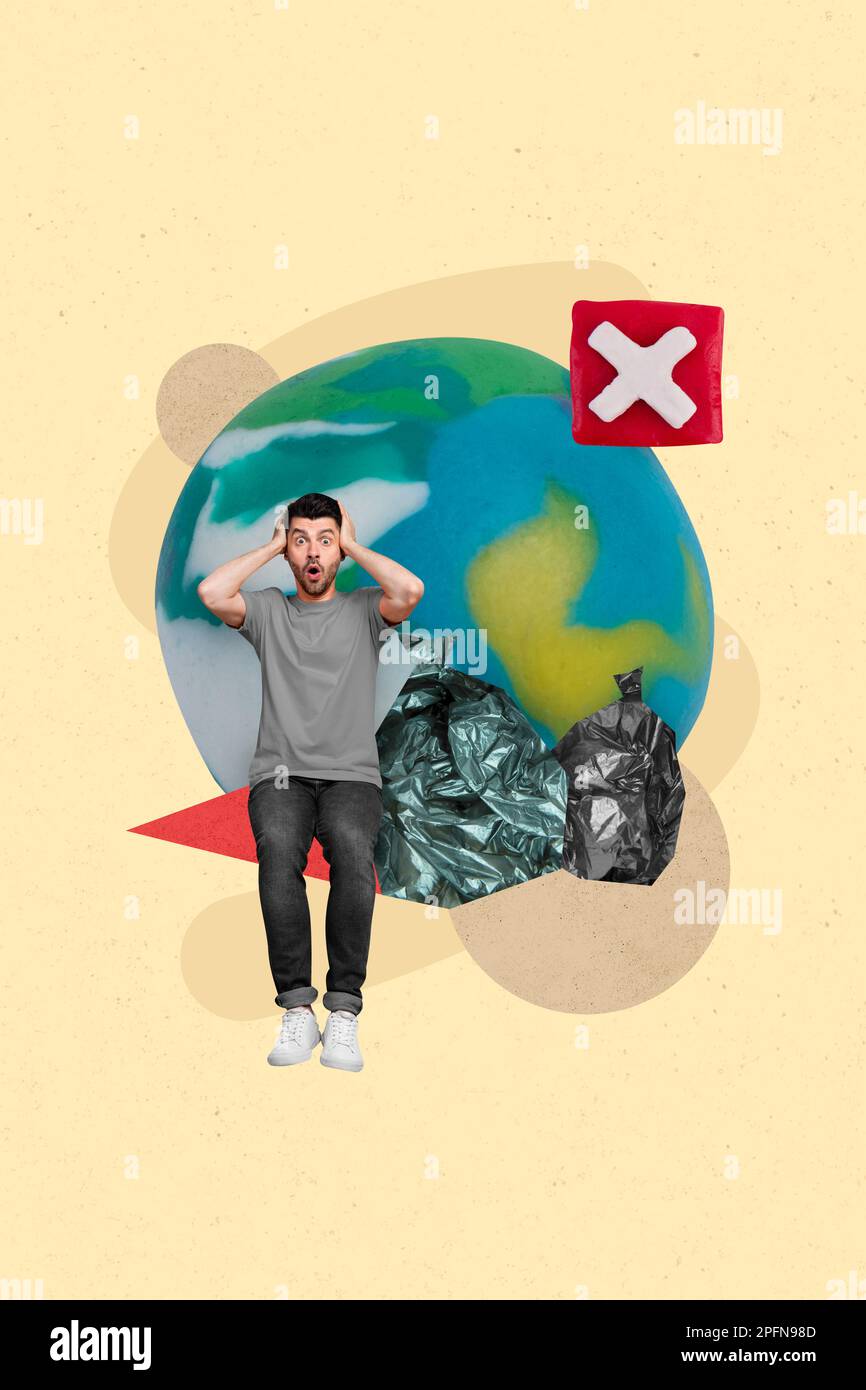 Creative abstract template collage of frightened man hands head planet ...