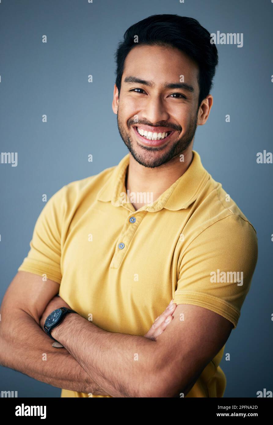 Portrait, smile and Asian man with arms crossed, confidence and relax ...