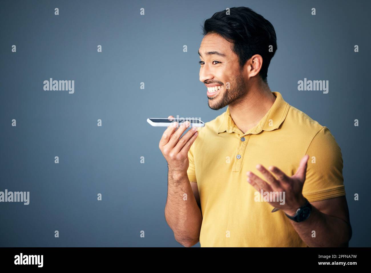 Mockup, phone call and Asian man with speaker, conversation and ...