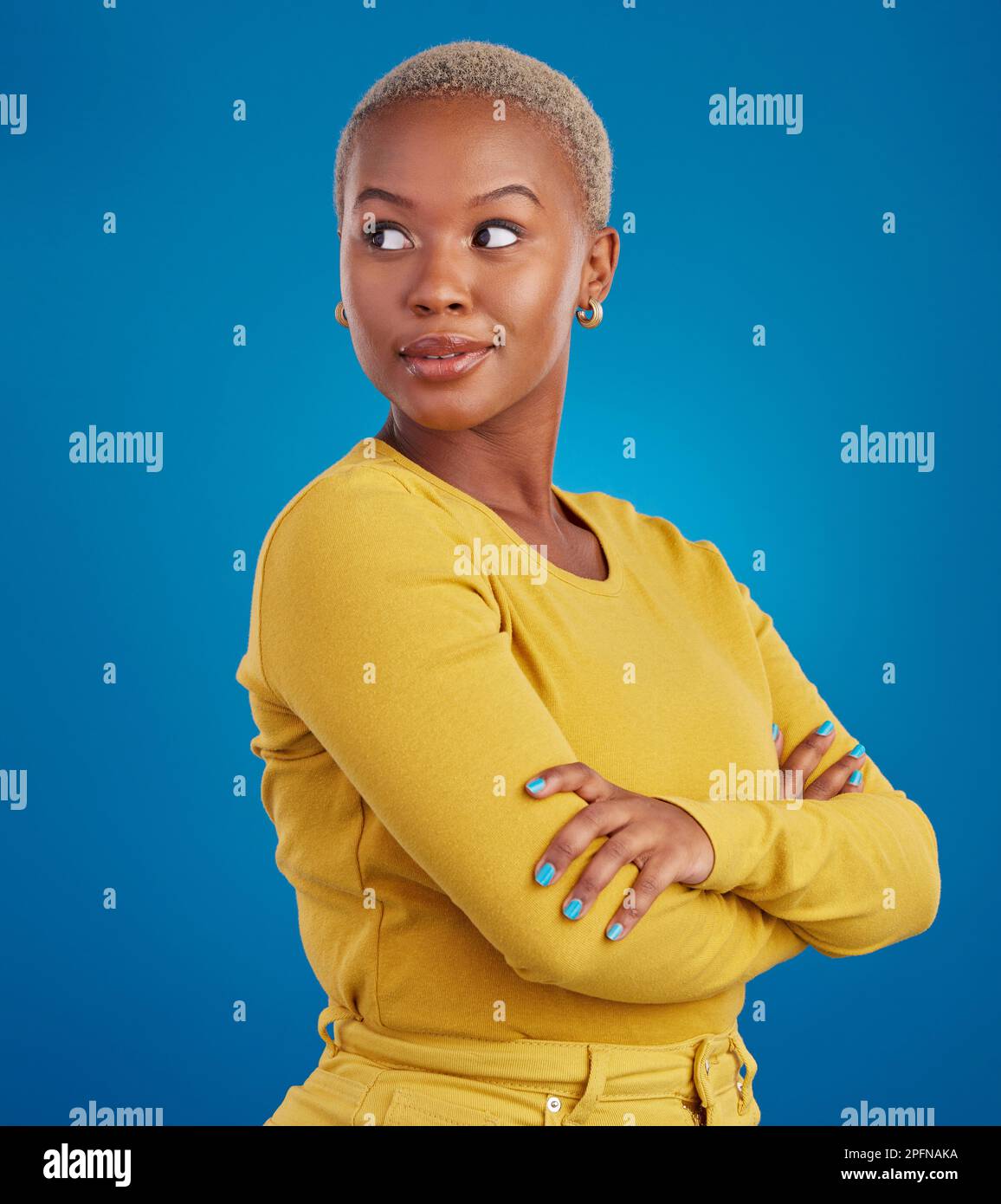 Proud profile of a black woman isolated on a blue background with ...