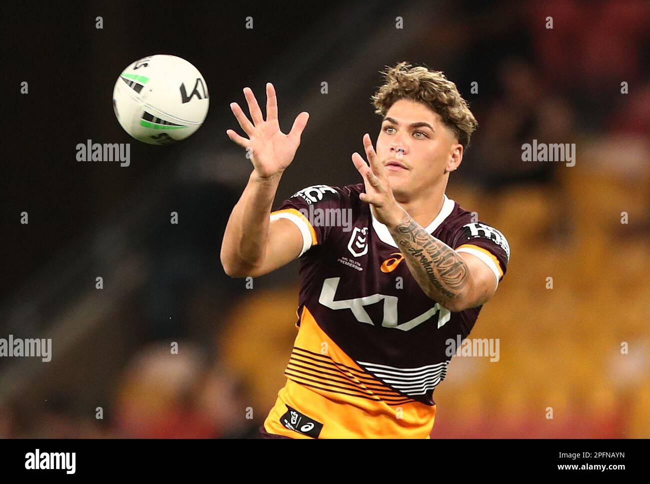 Reece Walsh of the Broncos warms up during the NRL Round 3 match between the Brisbane Broncos ...