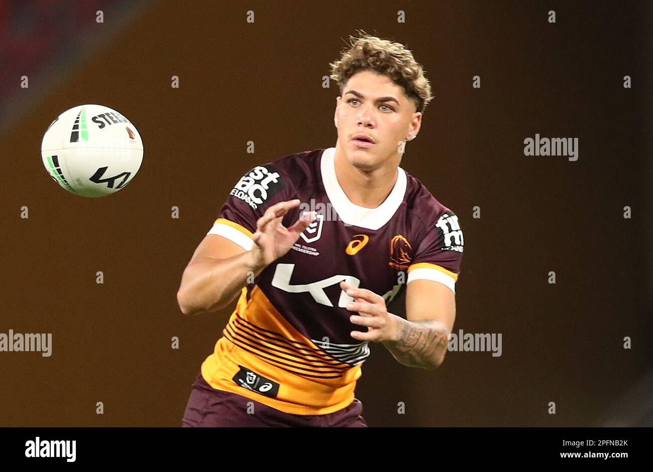 Reece Walsh of the Broncos warms up during the NRL Round 3 match between the Brisbane Broncos ...