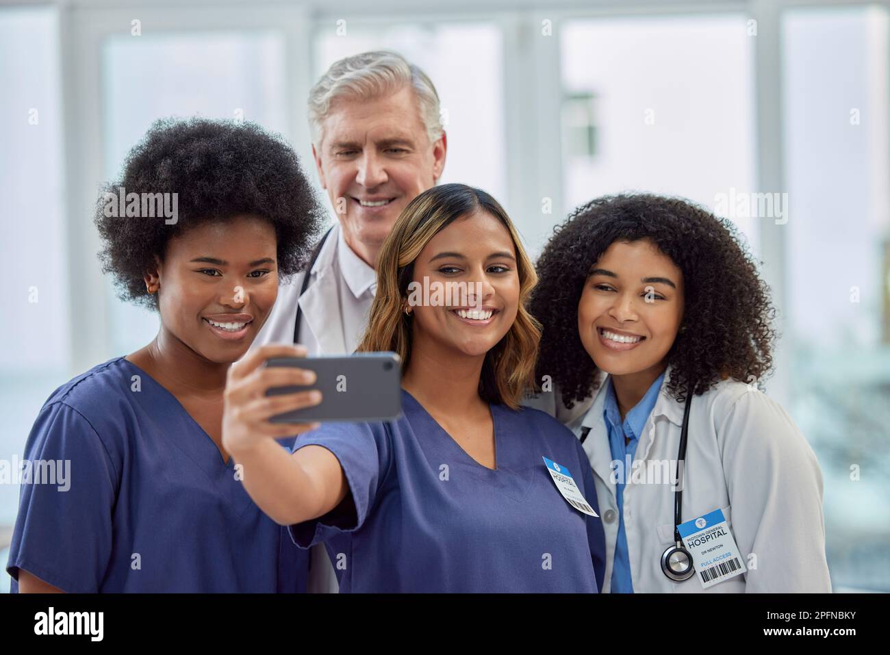 Selfie of doctors, nurses or healthcare group of people for social ...