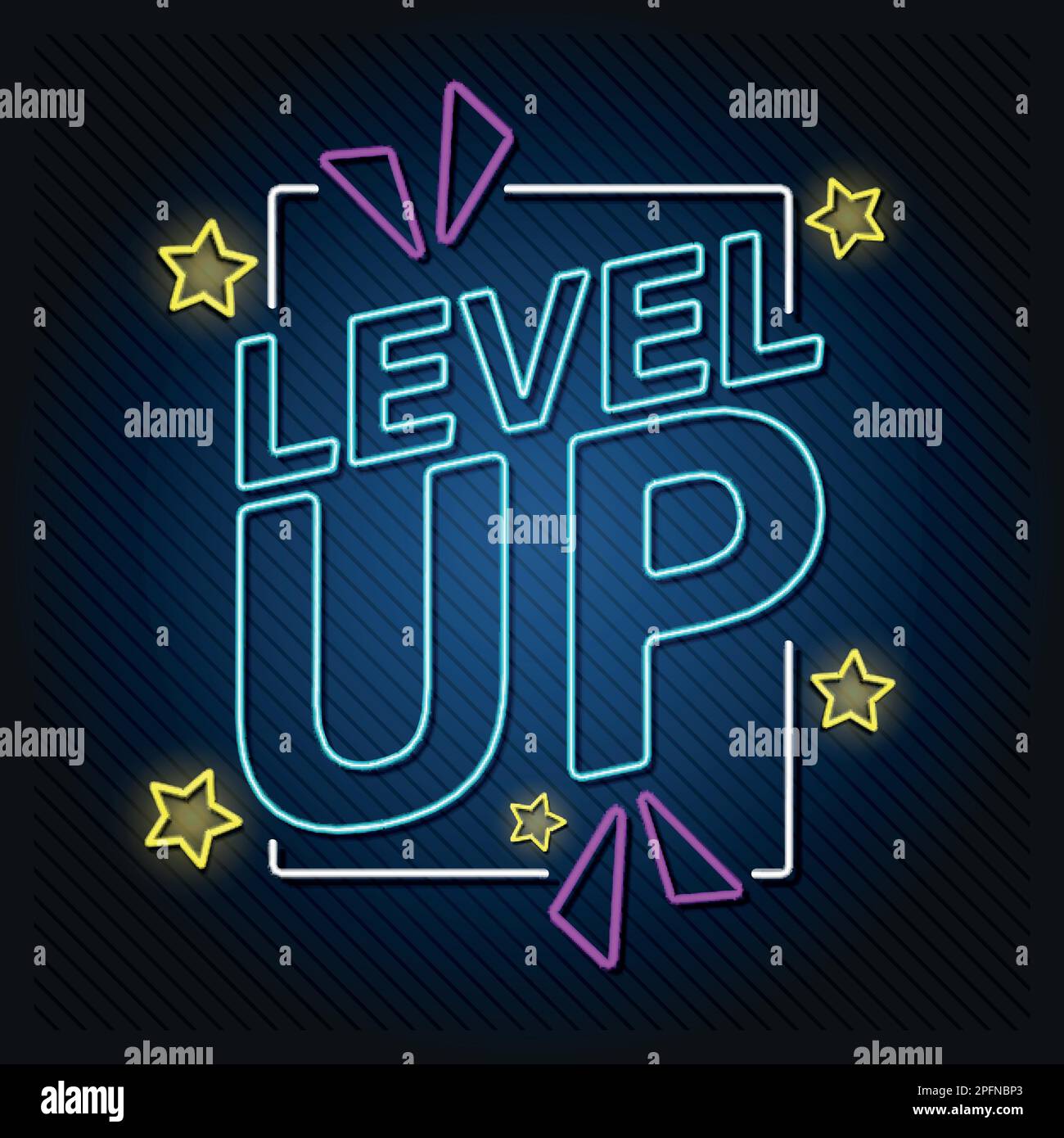 Level up neon text icon in flat style. Light banner vector illustration ...
