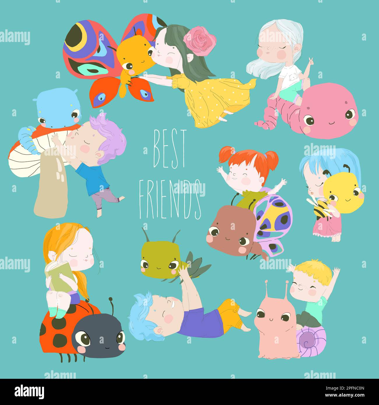 Set of Happy Cartoon Kids playing with Funny Insects Stock Vector Image ...