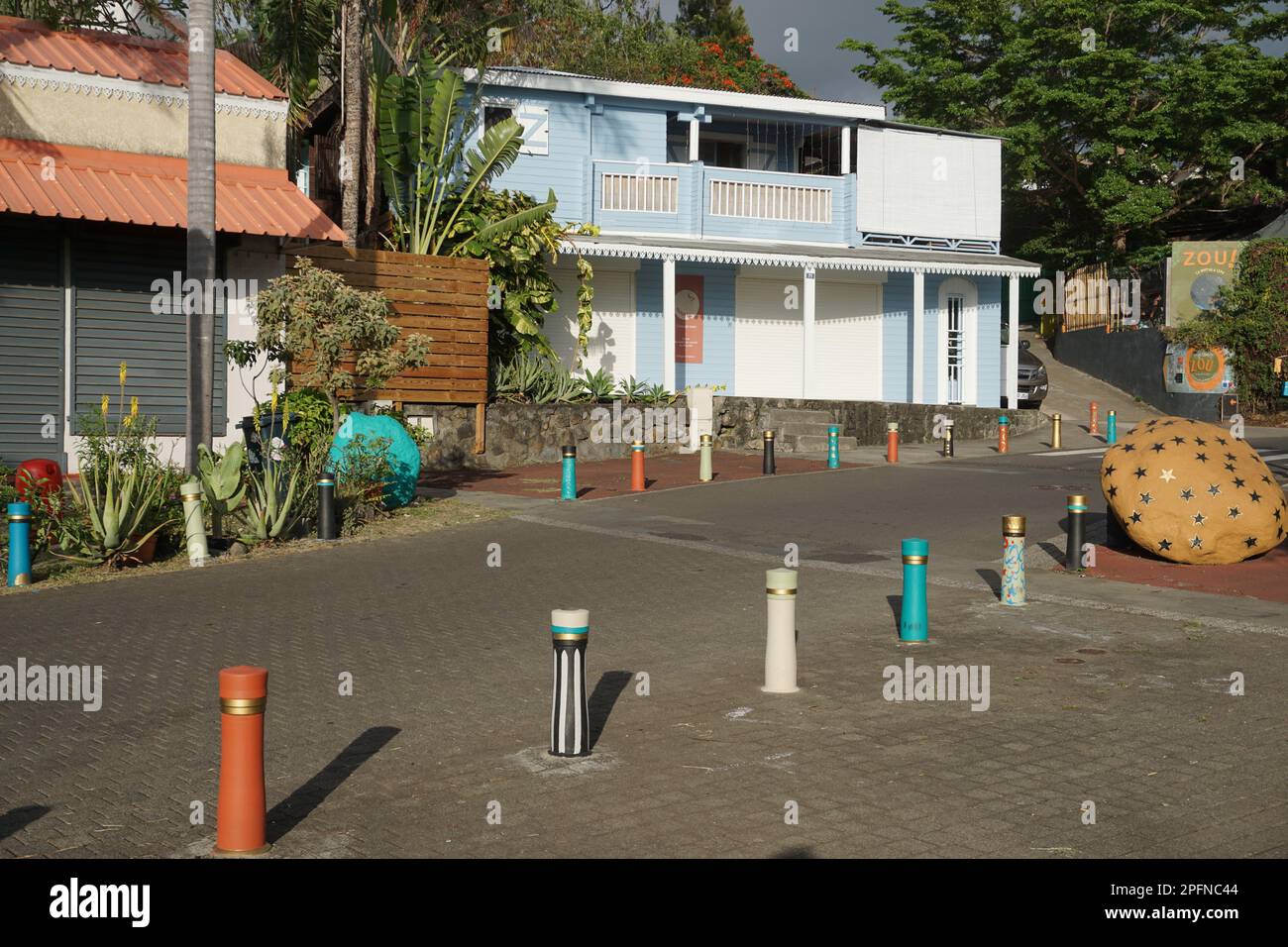 landscape scene of the colorful neighborhood on the tropical island of ...