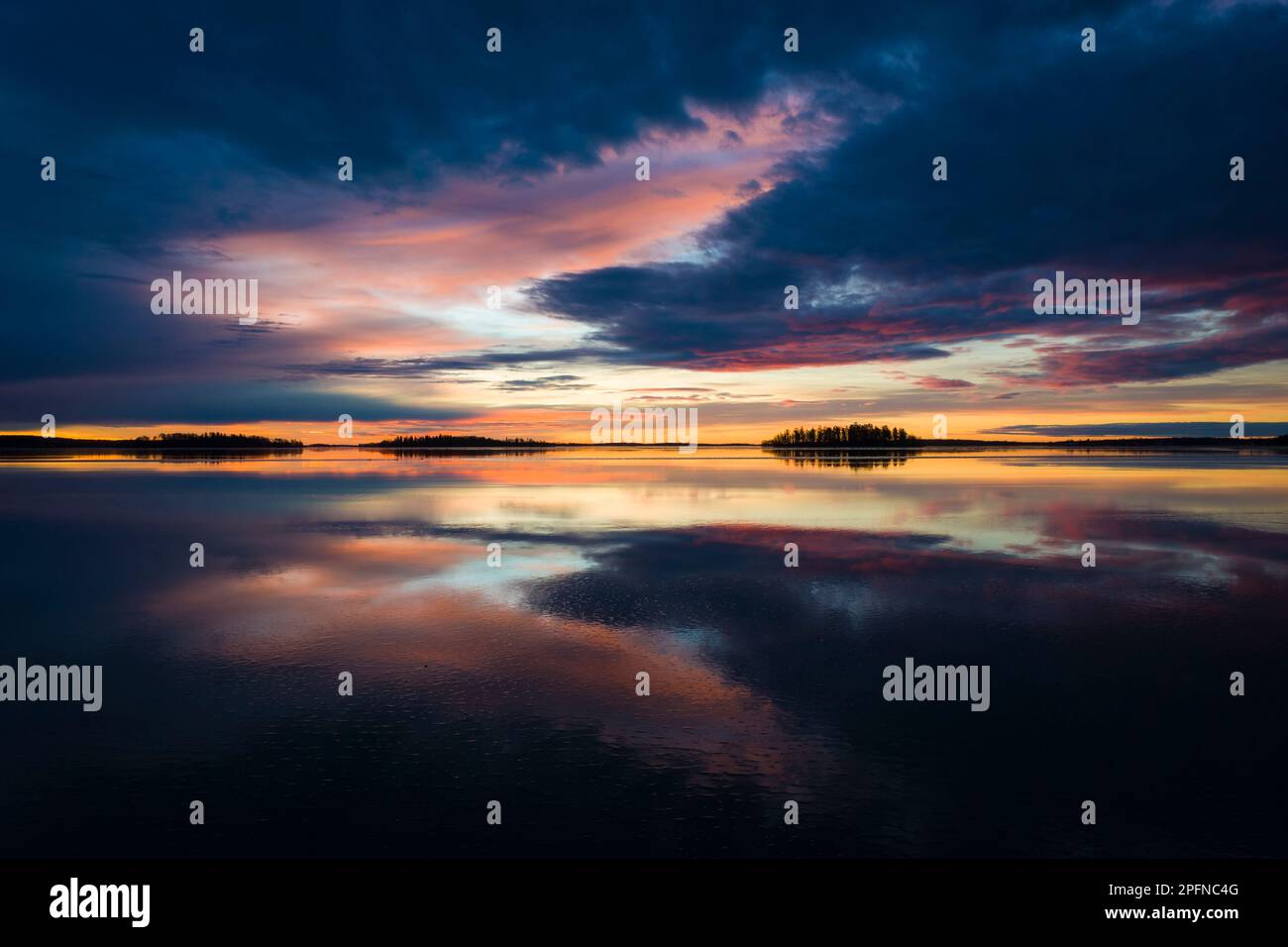 Gorgeous morning light over lake Malaren in Sweden, Reflection in calm ...