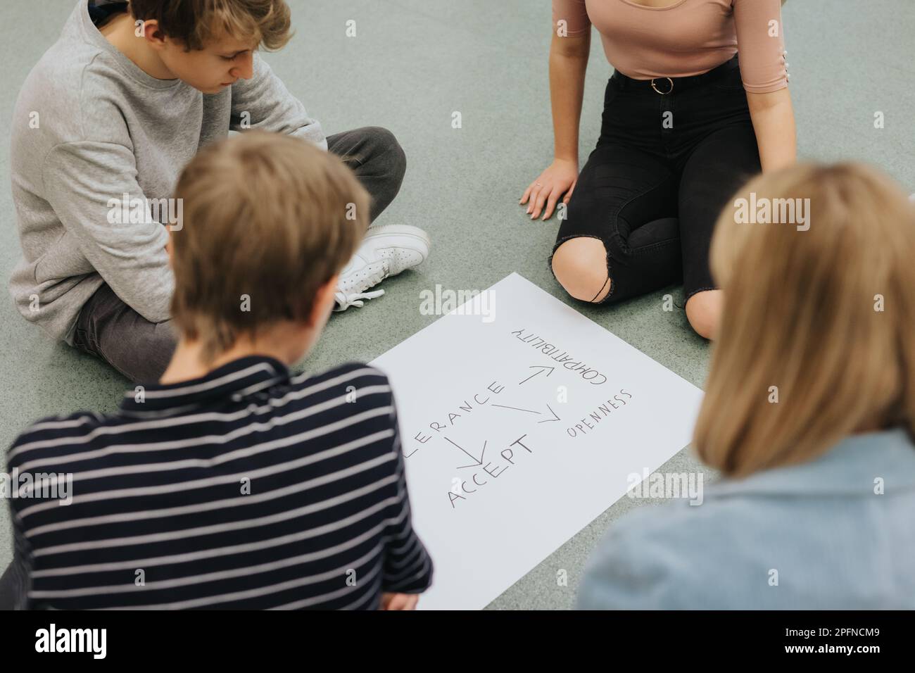 Teenagers sit in a circle on the floor and prepare a project for math ...