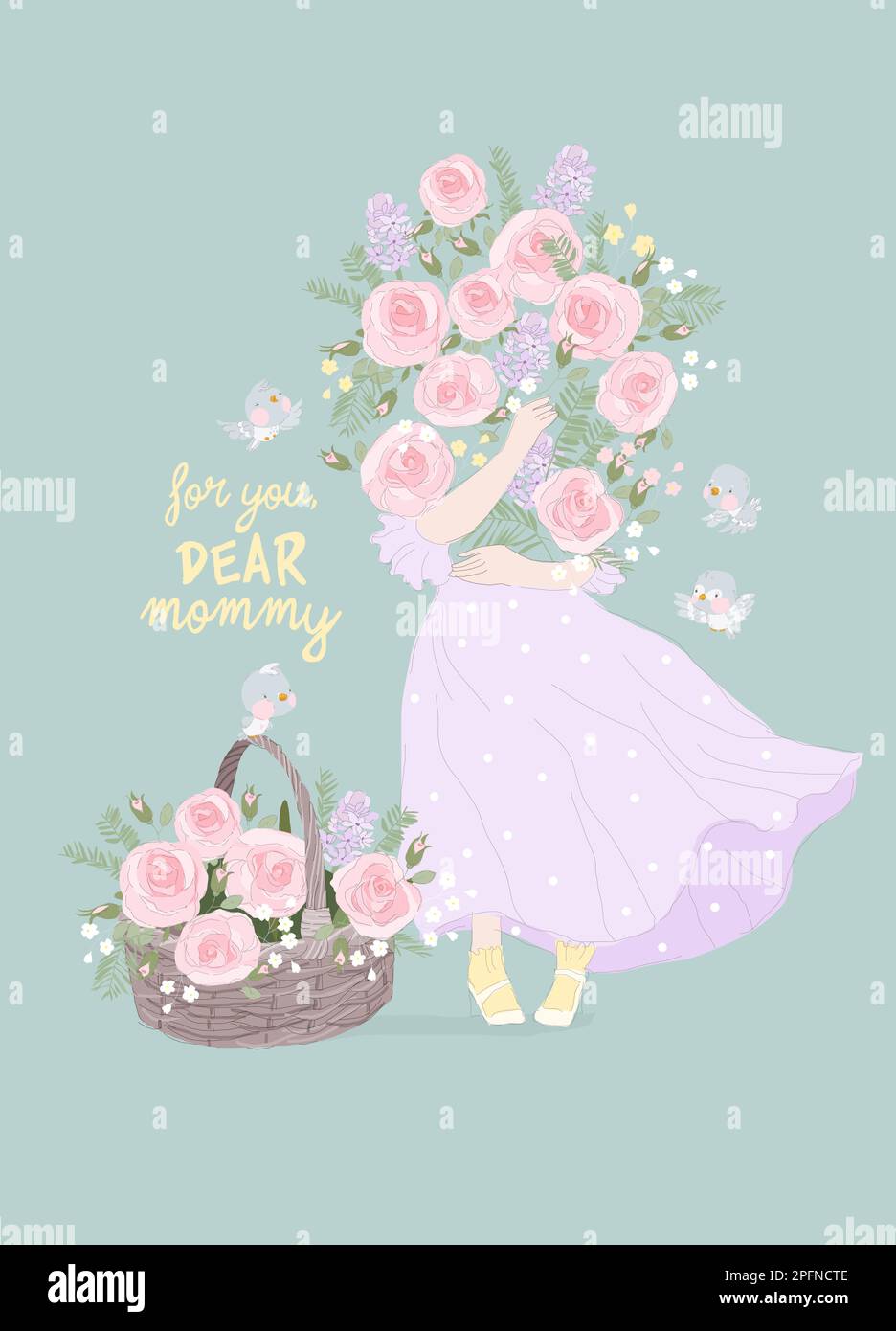 Cute Cartoon Girl holding Bouquet of Roses Stock Vector Image & Art - Alamy