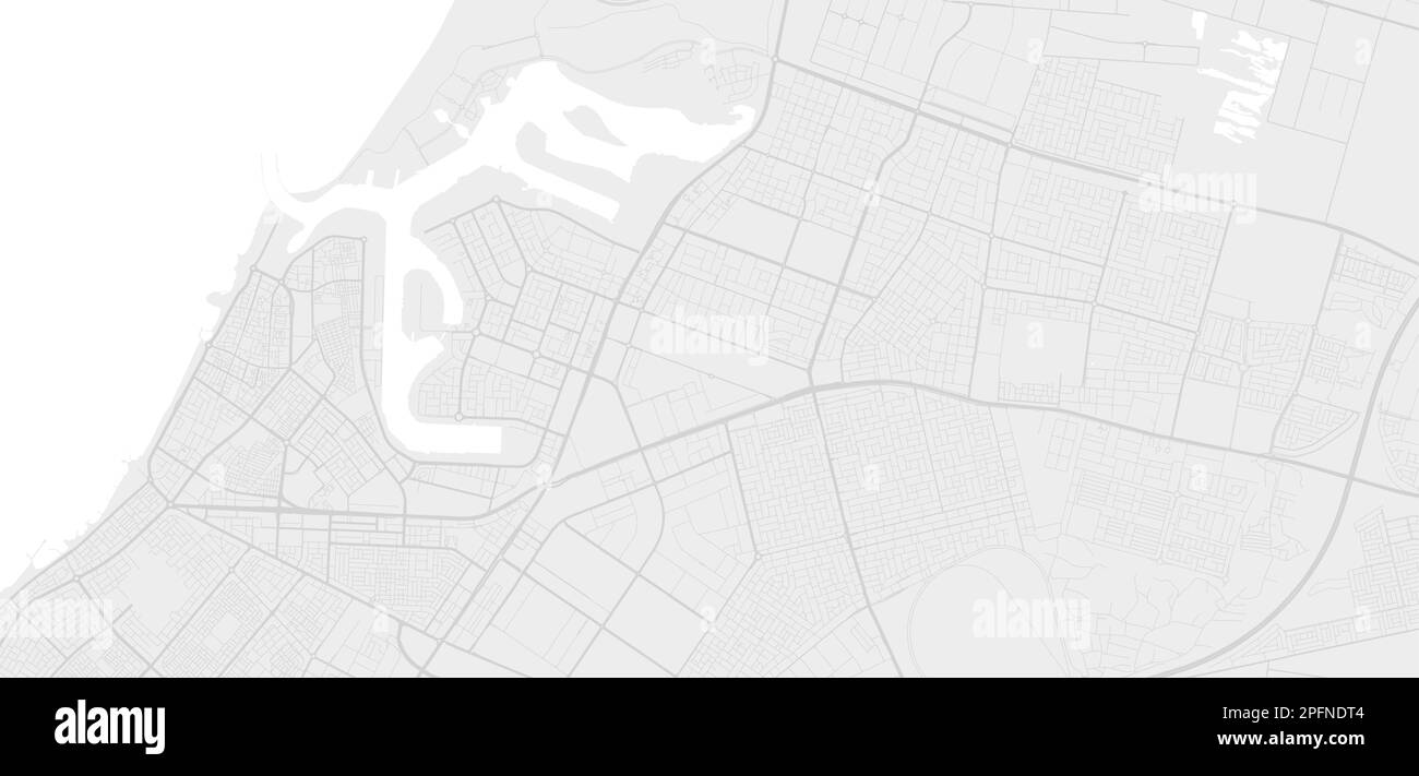 White and light grey Ajman city area vector background map, streets and water cartography ...