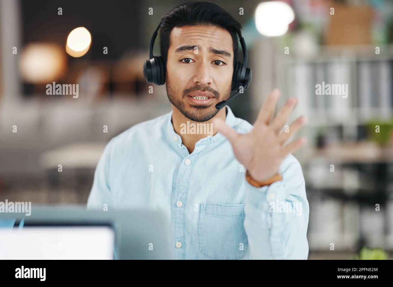 Customer support, video conference portrait and man talking on telemarketing communication ...