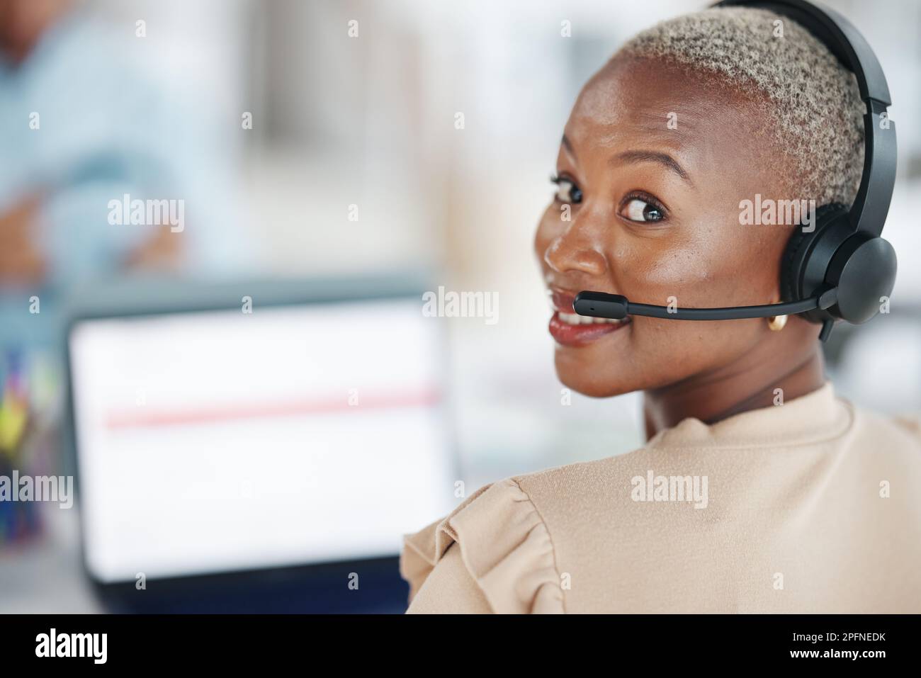 Black woman, call center and face with headphones for consulting ...