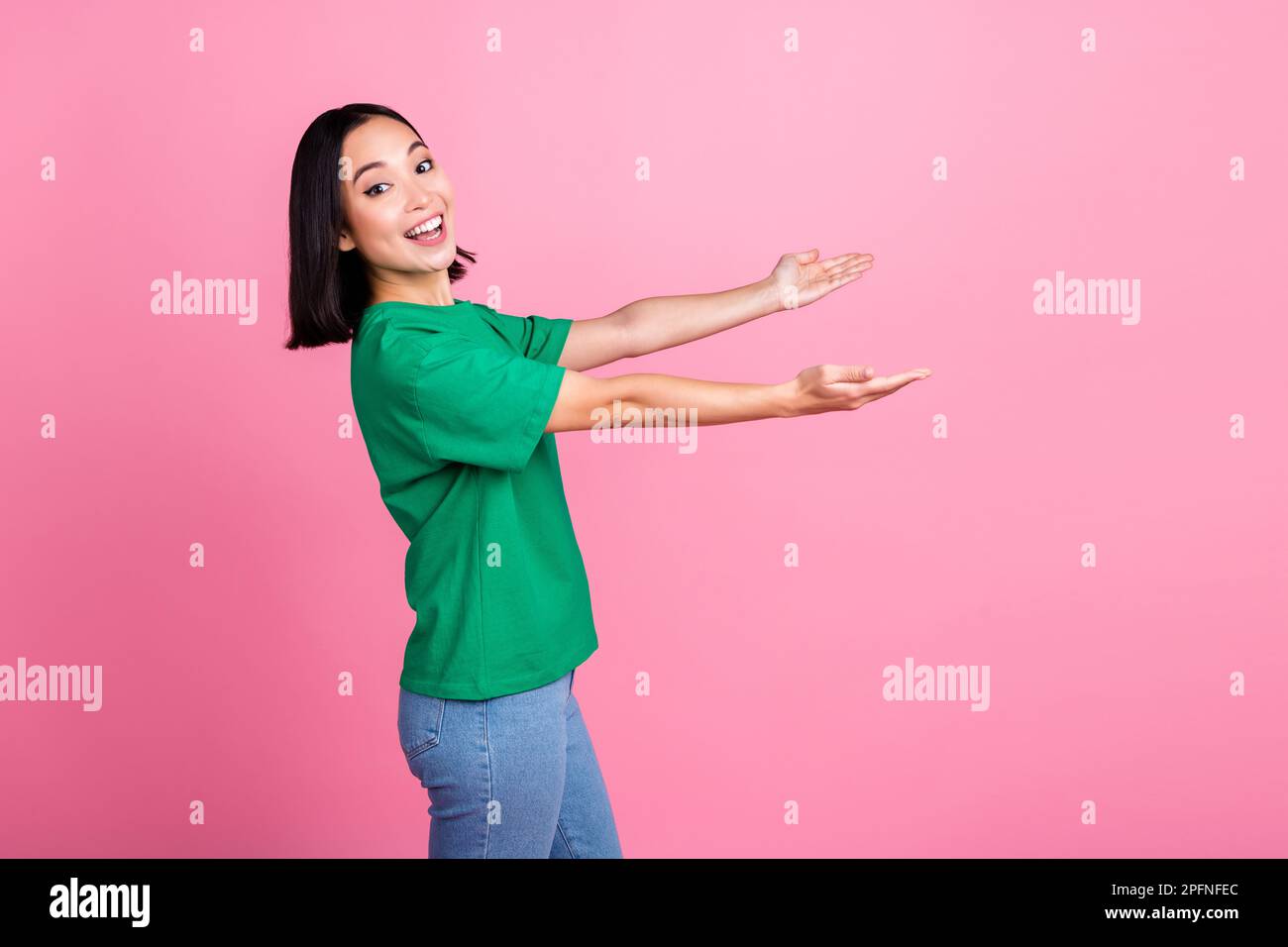 Side profile photo of optimistic nice girl with bob hairdo wear green t ...