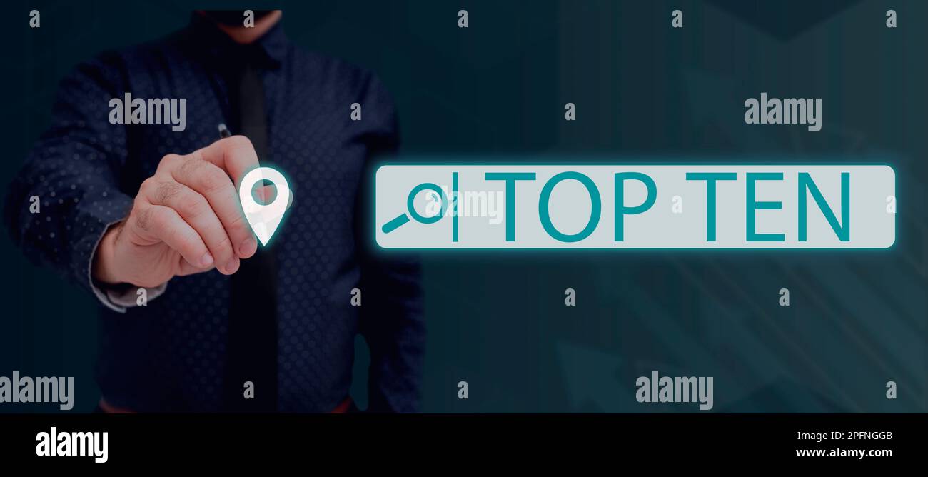 Hand writing sign Top Ten. Word for the ten most popular songs or ...