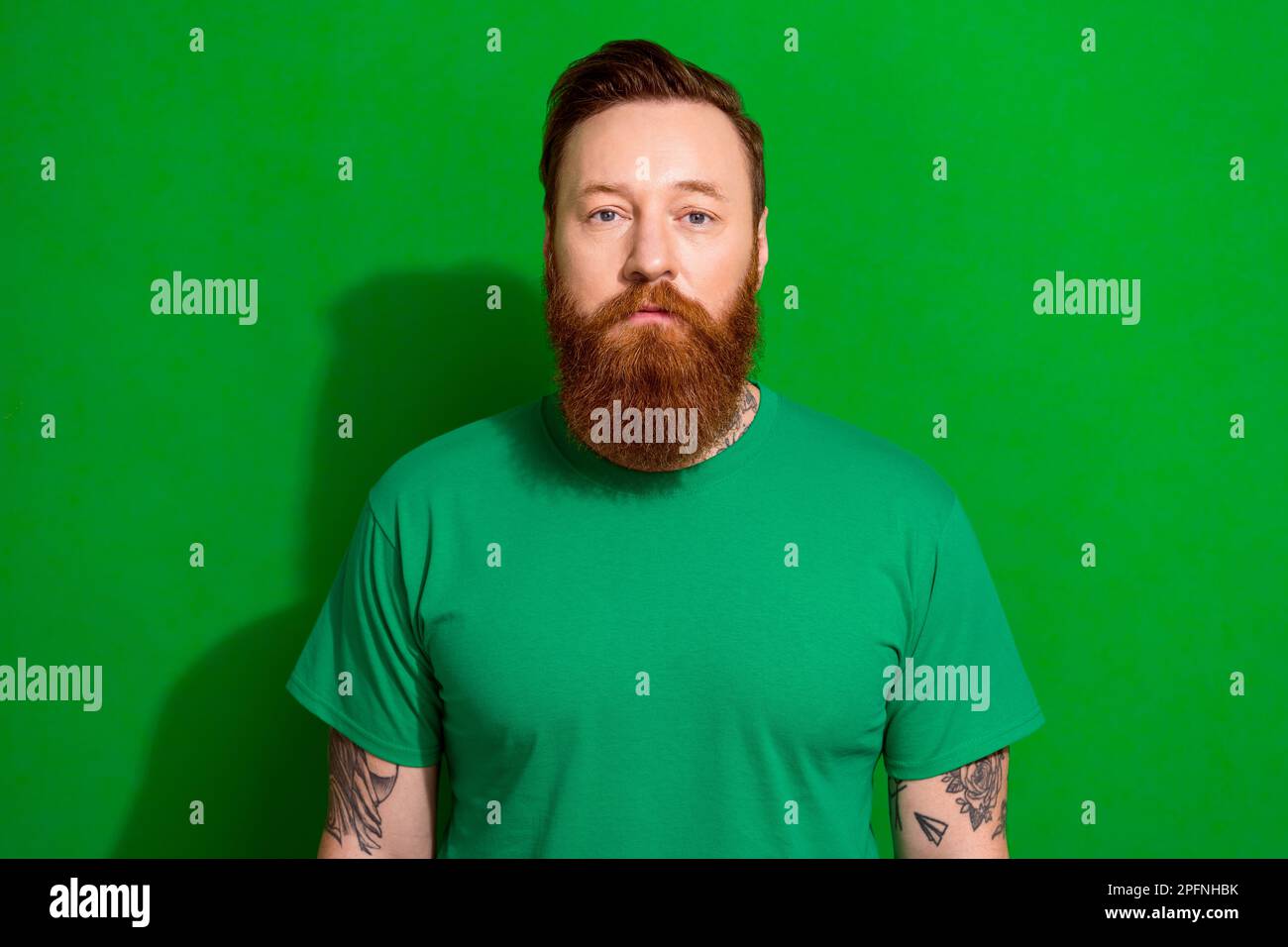 Photo of focused concentrated person calm face look camera isolated on ...