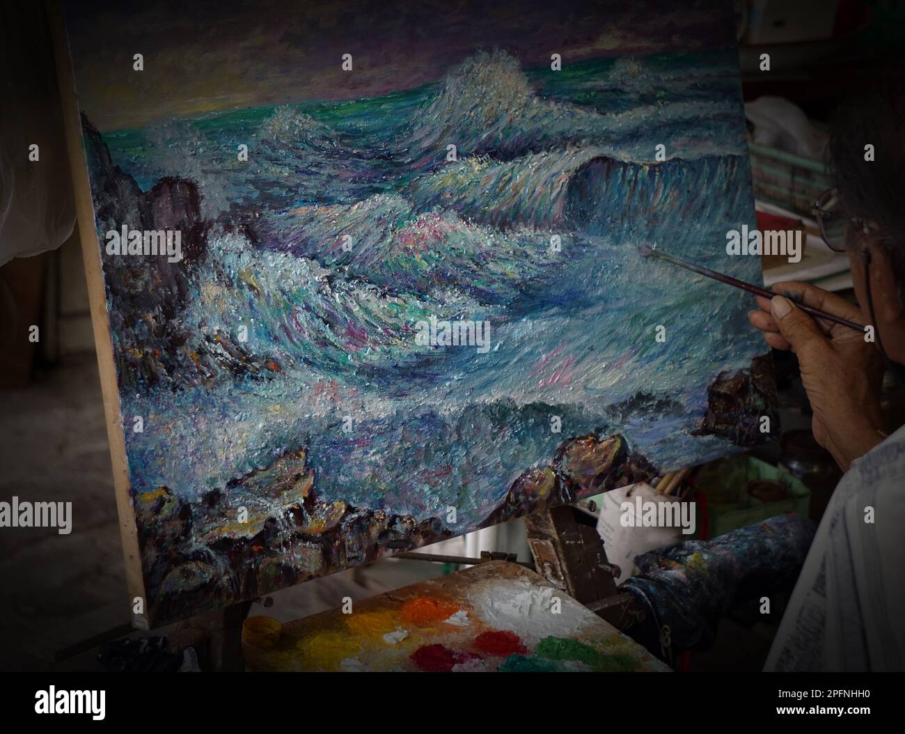 Art oil painting background sky wave sea mountain and paintbrush ...