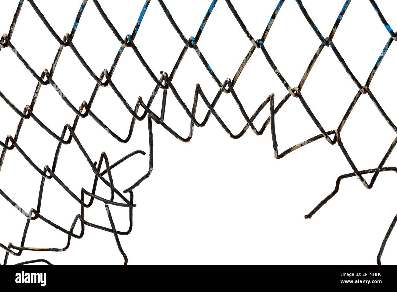 The texture of the metal mesh. Torn, destroyed, broken metal mesh on a ...