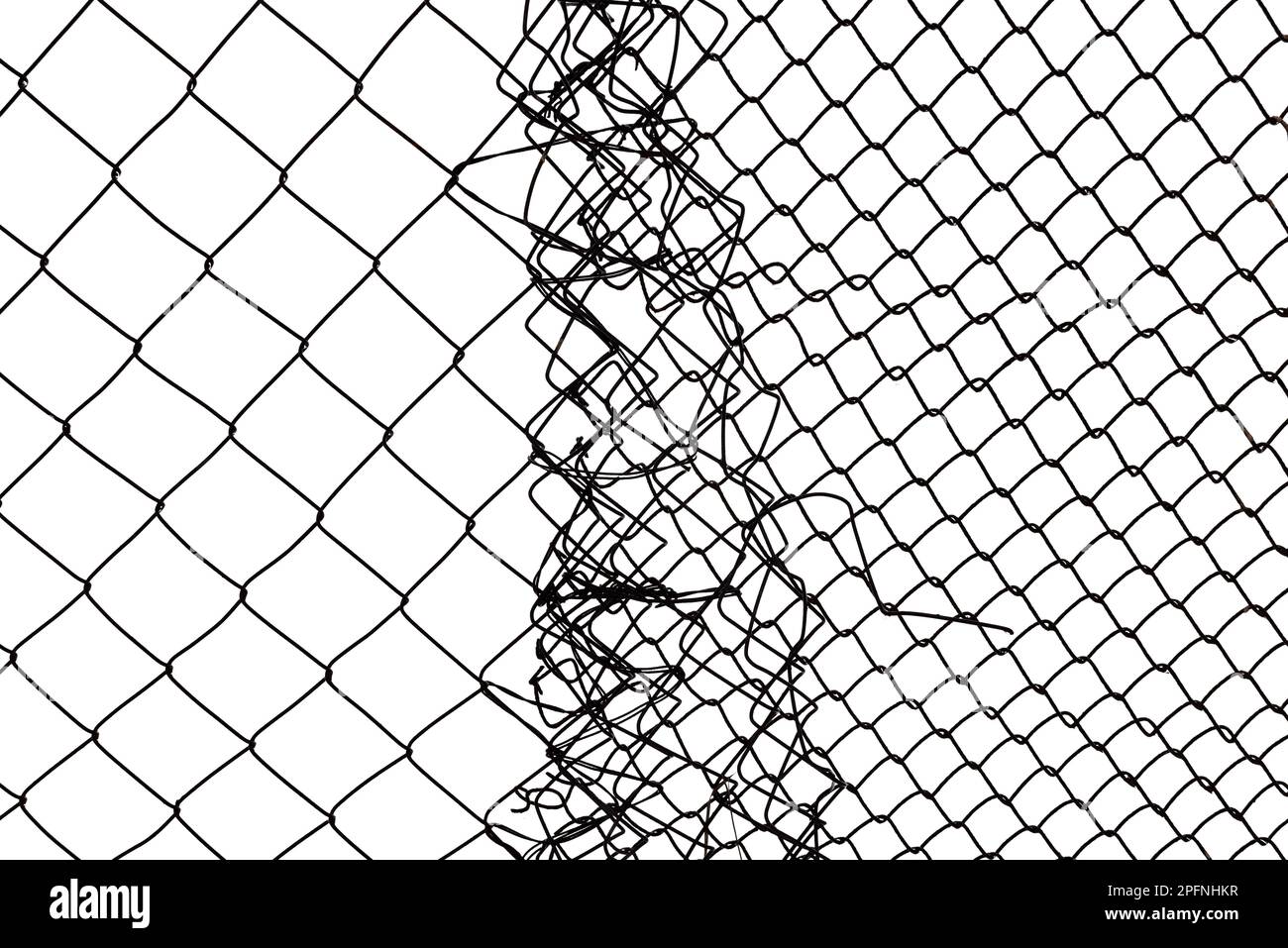 The texture of the metal mesh. Torn, destroyed, broken metal mesh on a ...