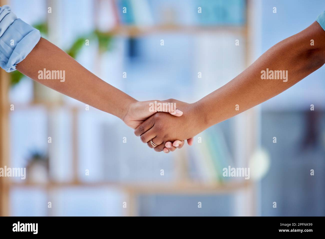 Hands, welcome and handshake closeup by business people in office for ...