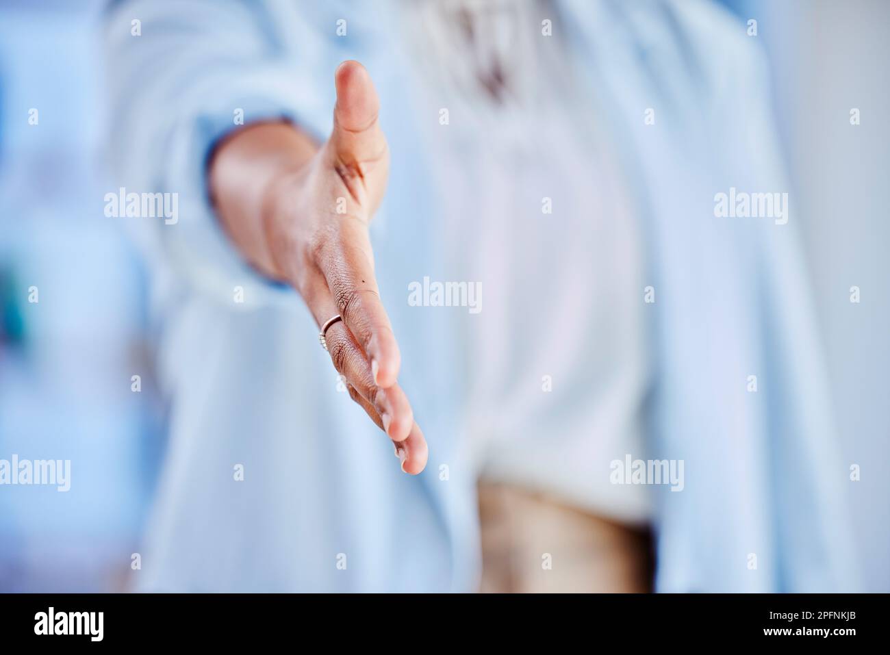 Welcome, hands and handshake closeup by hr woman in office for ...