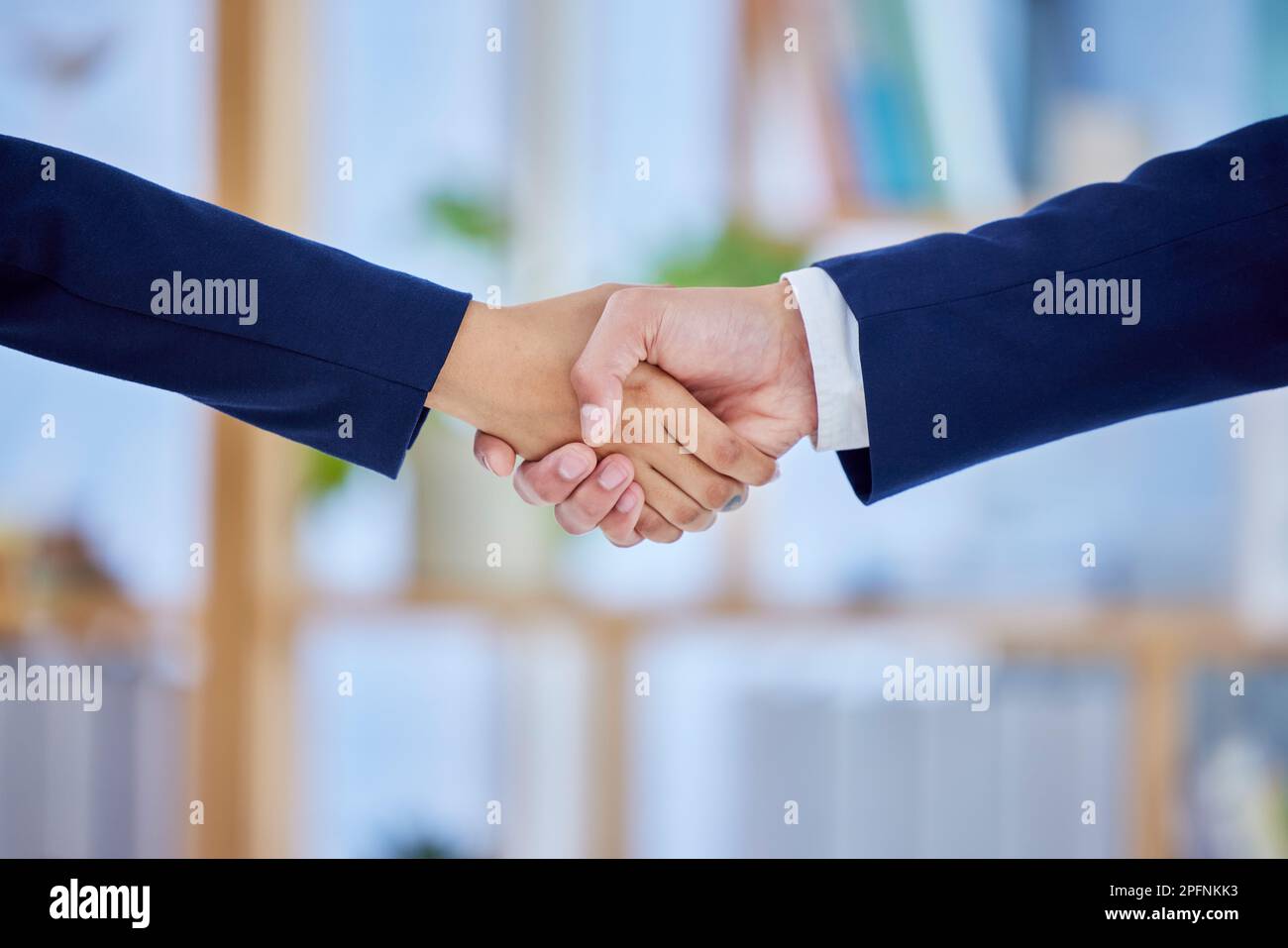 Welcome, hands and handshake closeup by business people in office for ...