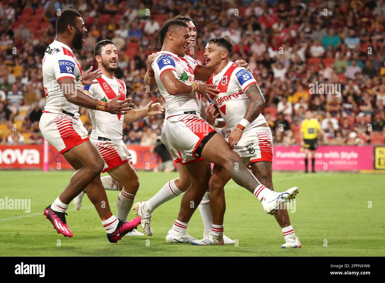 Jayden Sullivan of the Dragons celebrates a try during the NRL Round 3 ...