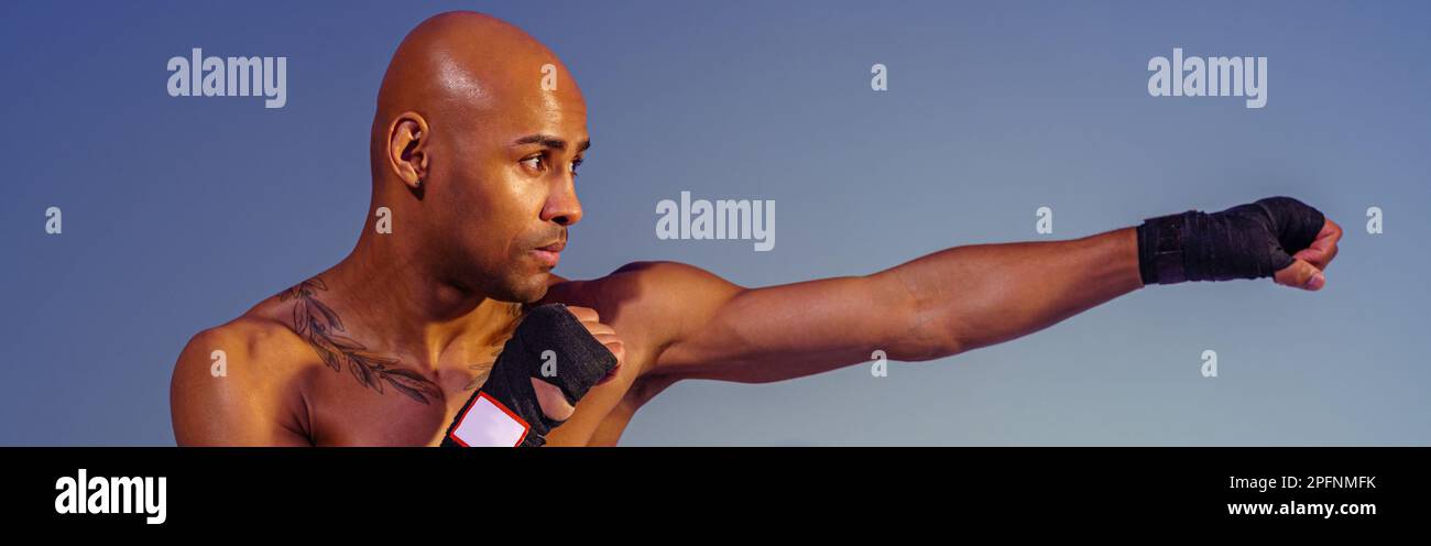 Professional kickboxer is training and practicing punch on studio ...