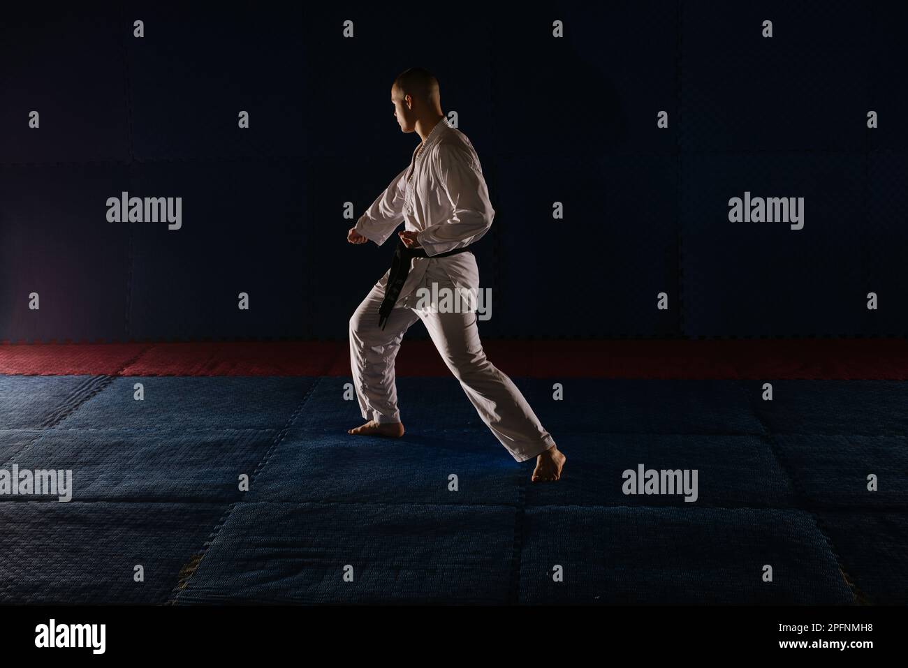 Young man with black belt doing the Zenkutsu Dachi pose at the karate ...