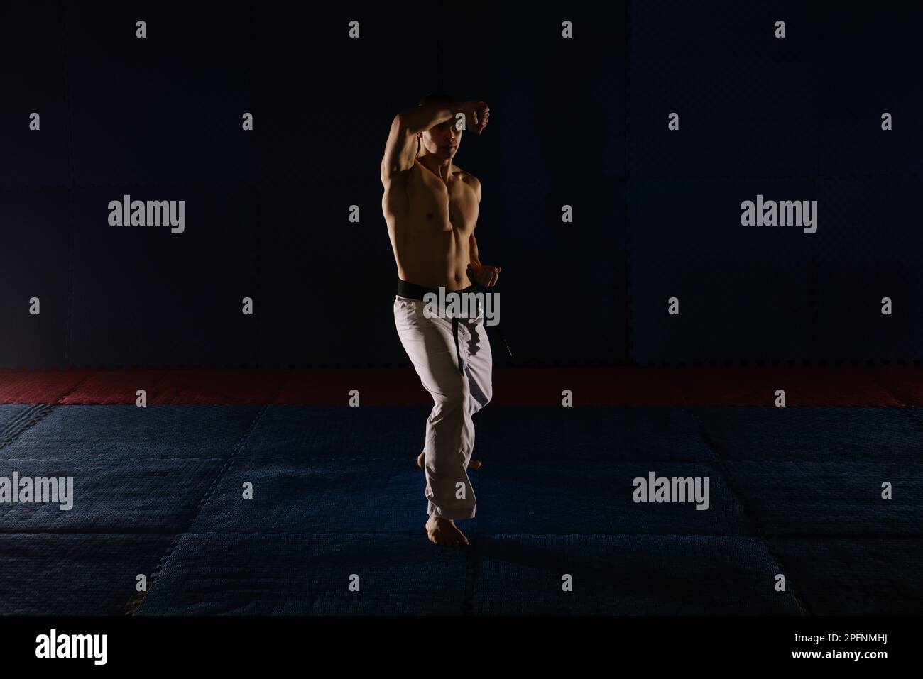 Silhouette of a handsome young man with kimono and black belt doing the ...
