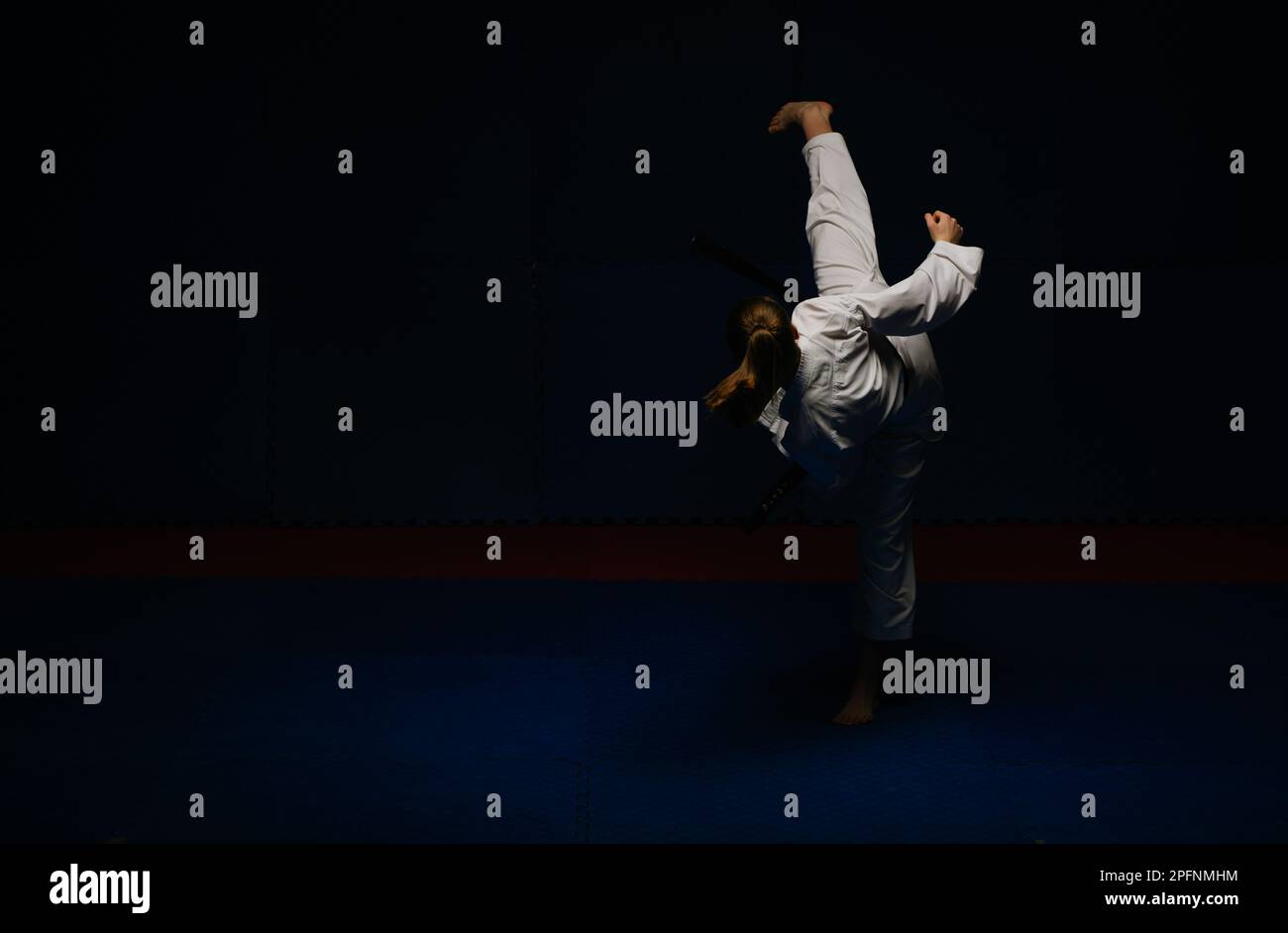 Silhouette of a karate girl doing Mawashi Geri practice from the back ...