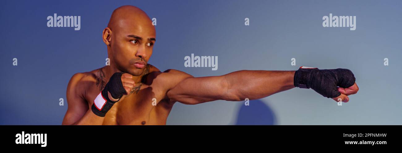 Professional kickboxer is training and practicing punch on studio ...