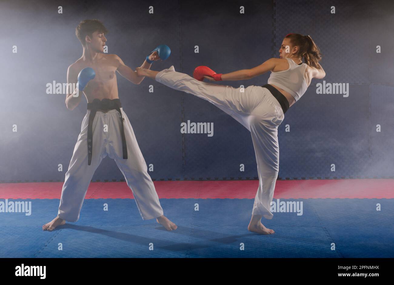 Two good looking young karate friends doing the Mawashi Geri pose at ...