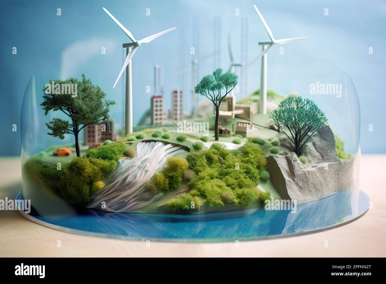 tiny diorama with Wind, solar, and hydroelectric power that are crucial ...