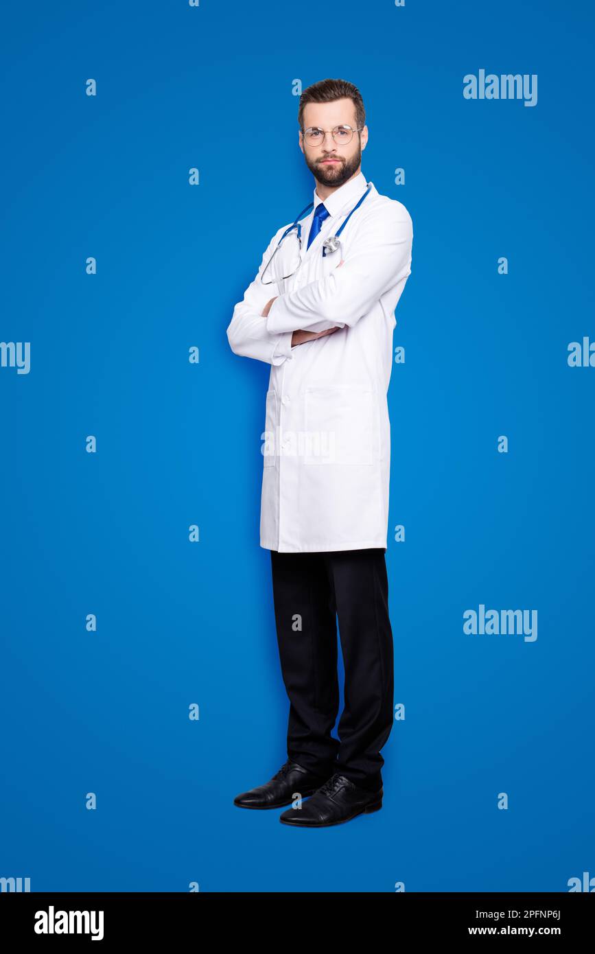 Full size portrait of attractive concentrated doc with bristle in white ...