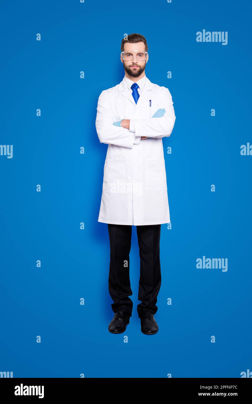 Full size fullbody portrait of stylish handsome scientist with stubble ...