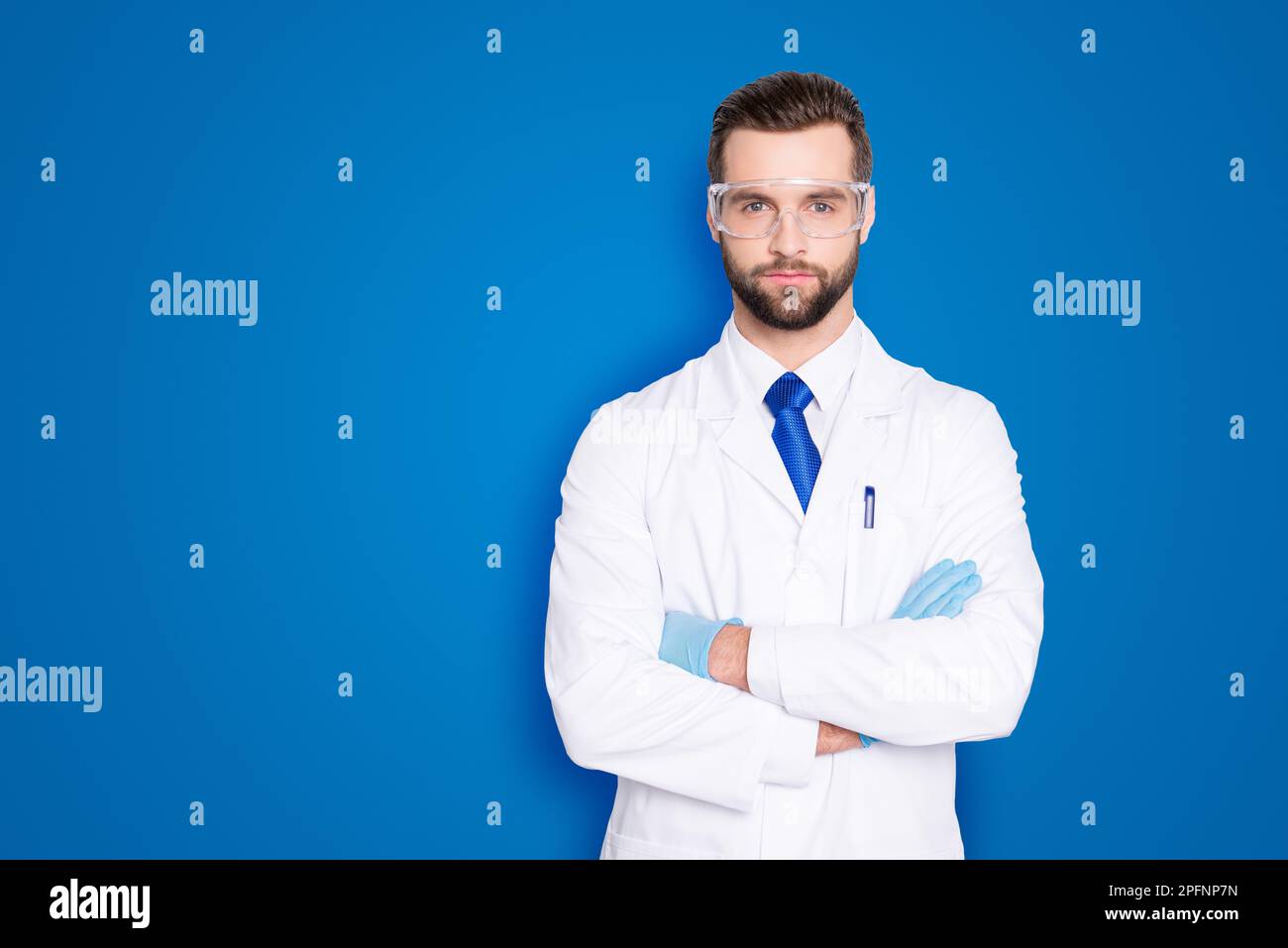 Portrait with copyspace, empty place of stylish handsome scientist with ...