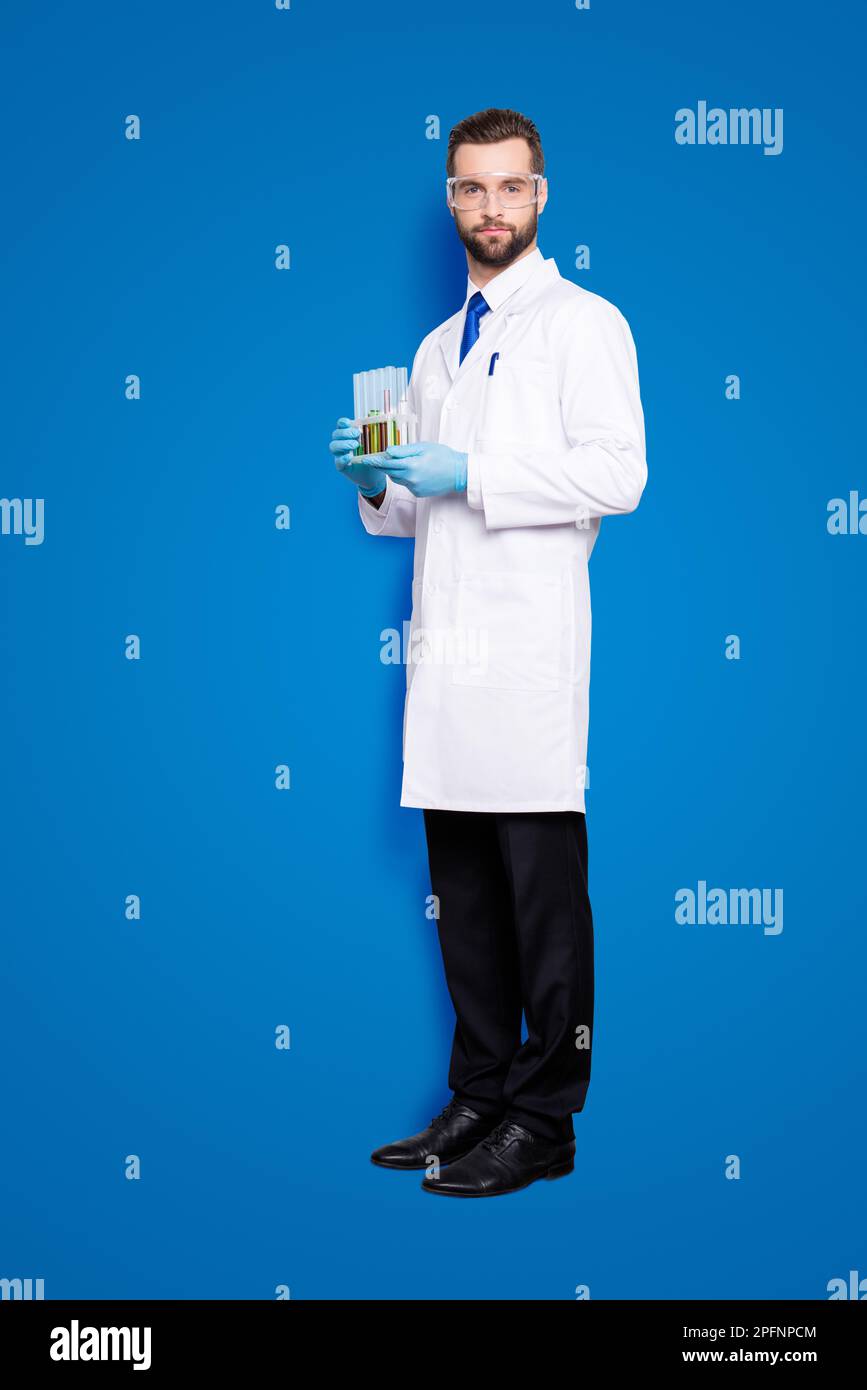 Full size fullbody portrait of attractive stylish scientist in white ...