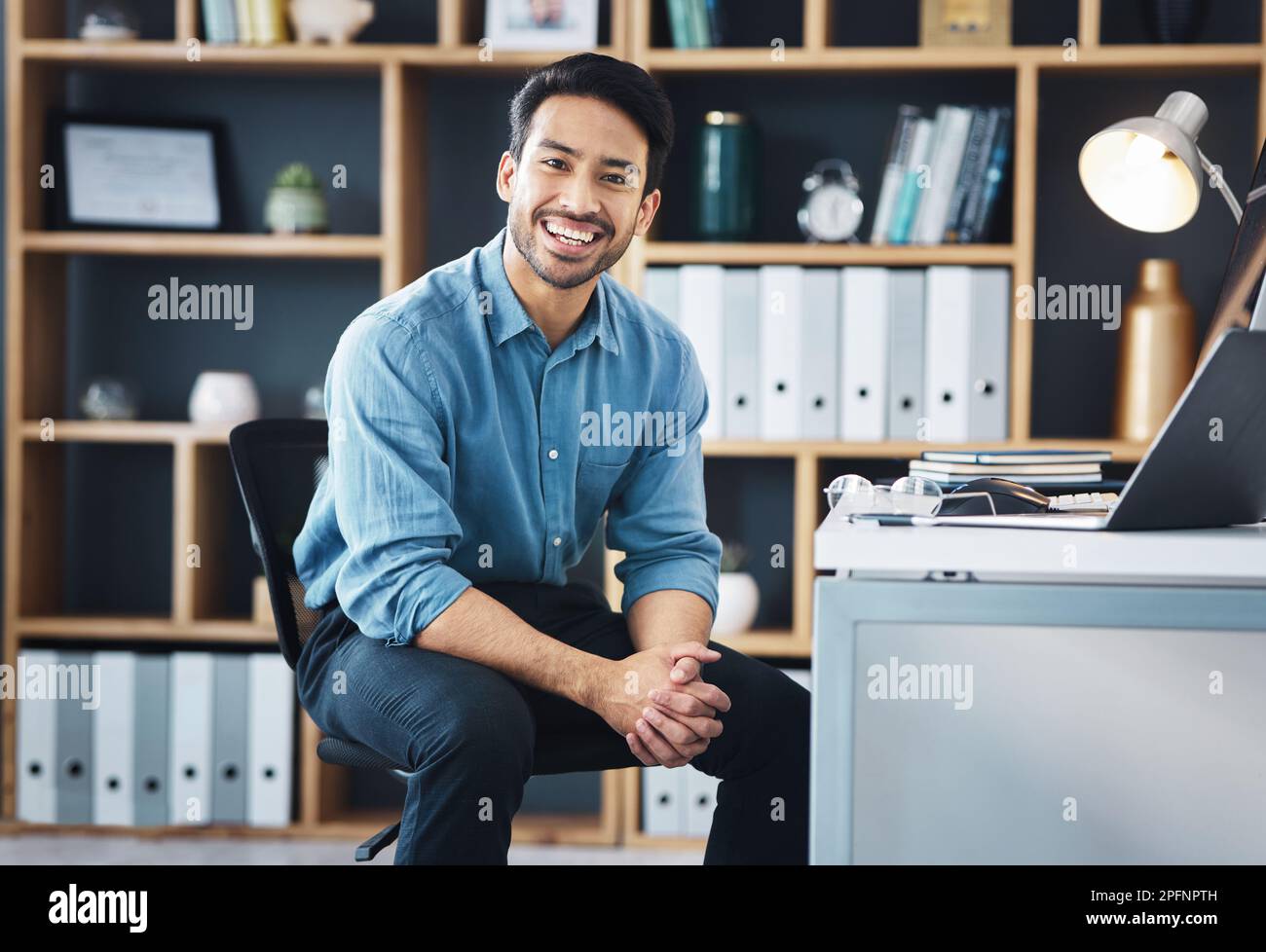 Relax, founder and portrait of entrepreneur smile and sitting in ...