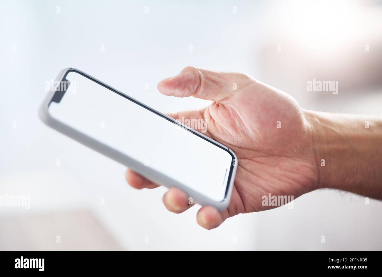 Hands, phone and mockup screen for communication, advertising or ...